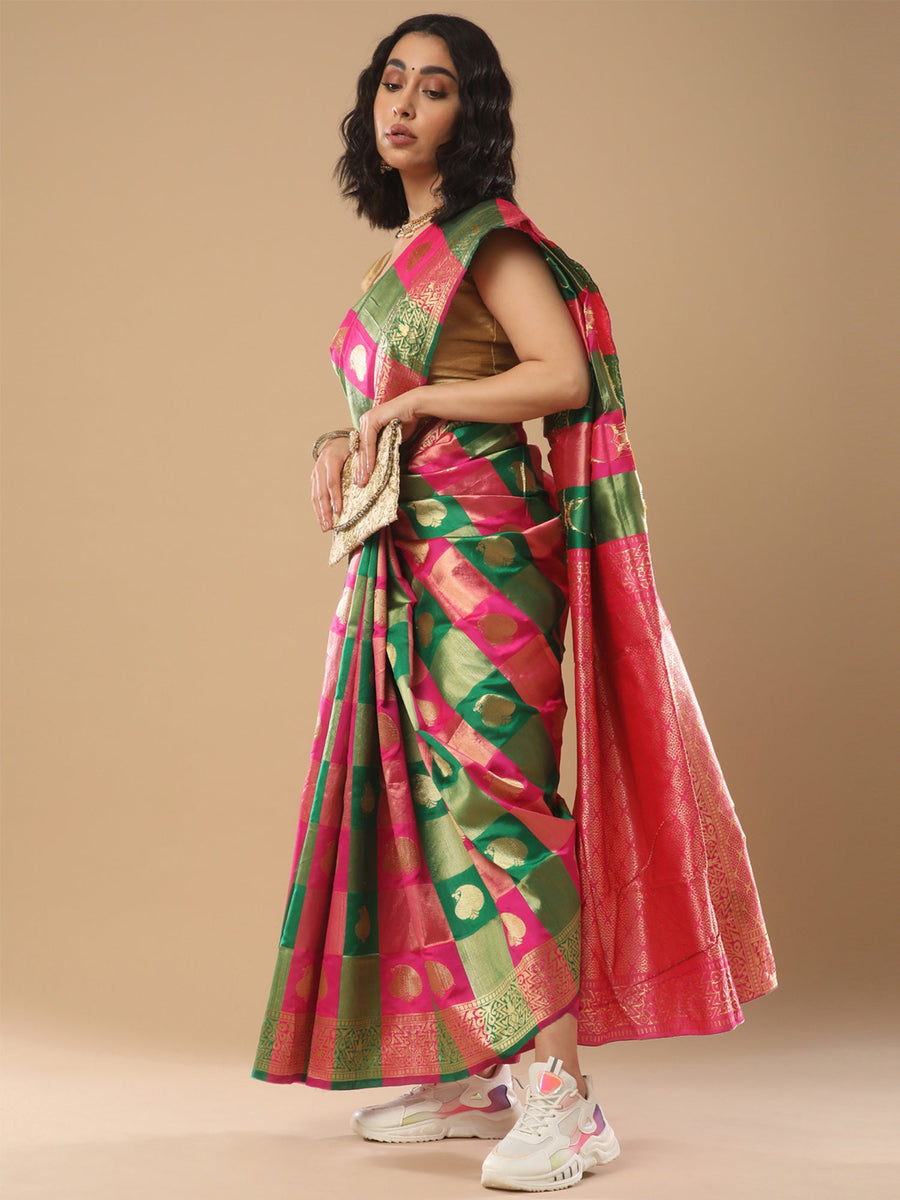 Buy Women's Silk Blend Green Woven Design Designer Saree With Blouse Piece Online ...